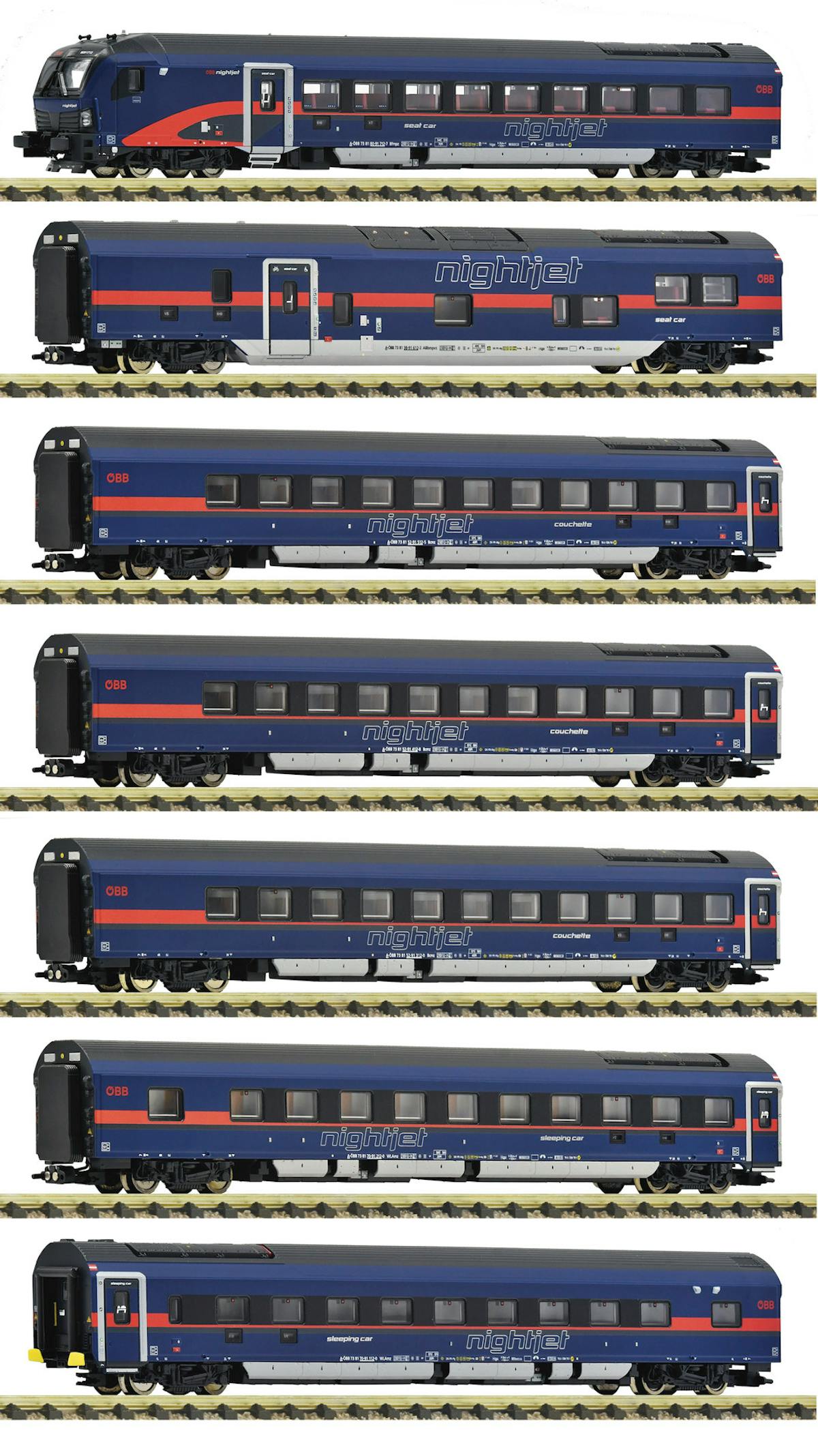 Fleischmann 6260065 OBB Set di 7 carrozze Nightjet, ep.VI - Scala N 1/ ...